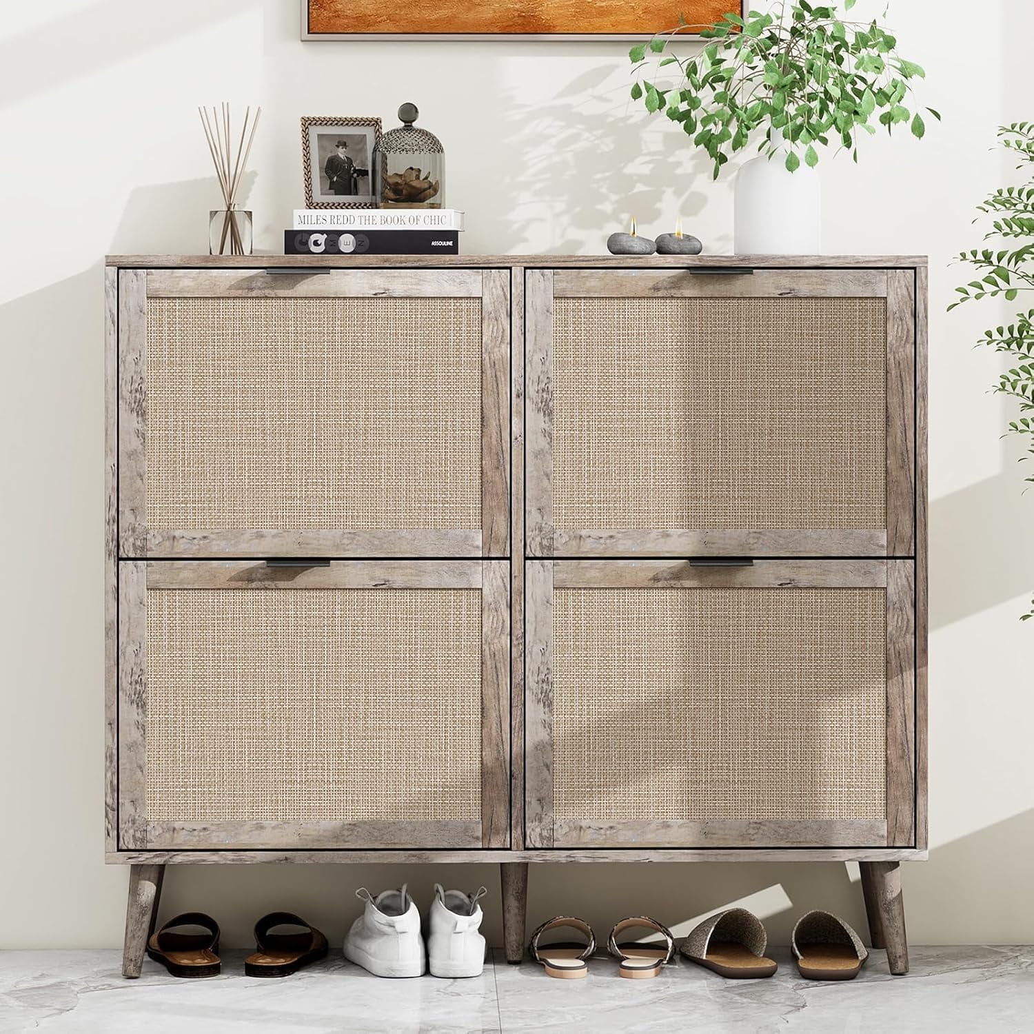 41x35 Rattan Shoe Storage Cabinet-4 Flip-Drawer Organizer for Entryway ...