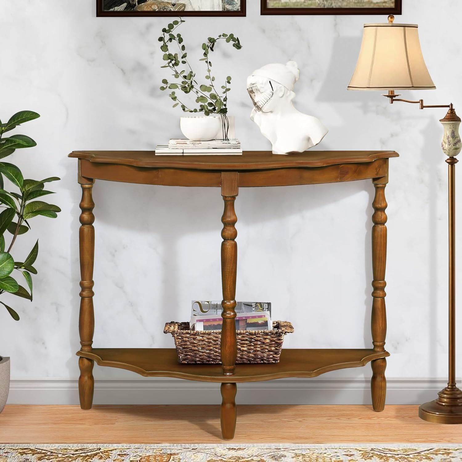 42.01" Half Moon Console Table, Retro Wooden 2 Tier Narrow Sofa Table ...