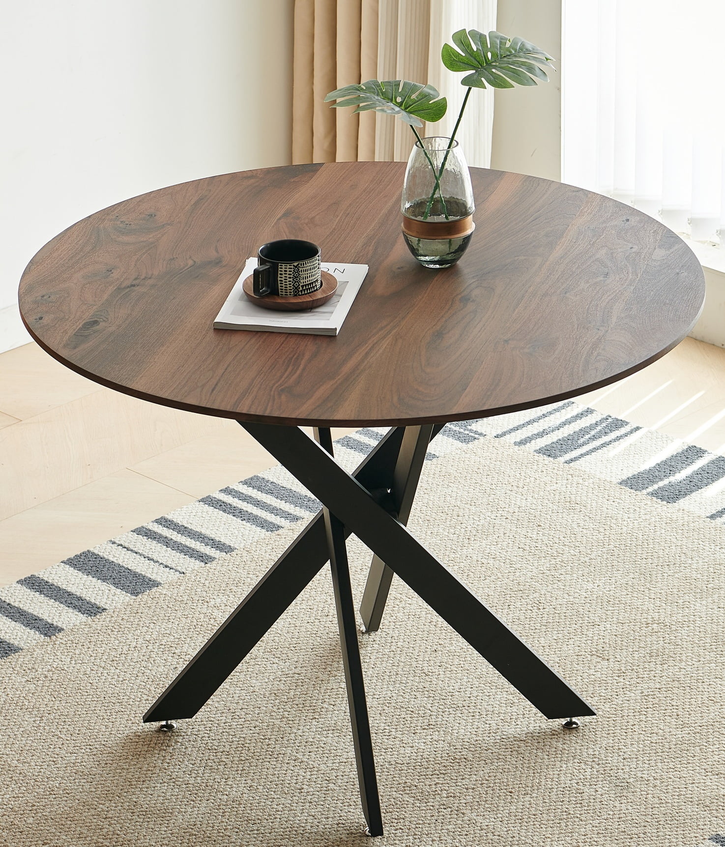 42.1”BLACK AND WOOD COLOR Table Mid-century Dining Table for 4-6 people ...