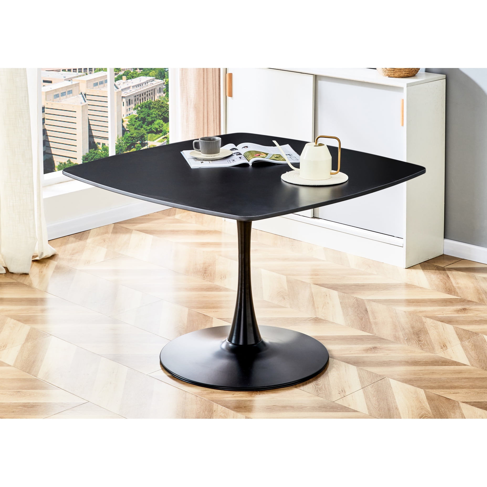 42.1" Black Round Dining Table For 4-6, Metal Legs, Smooth Surface ...