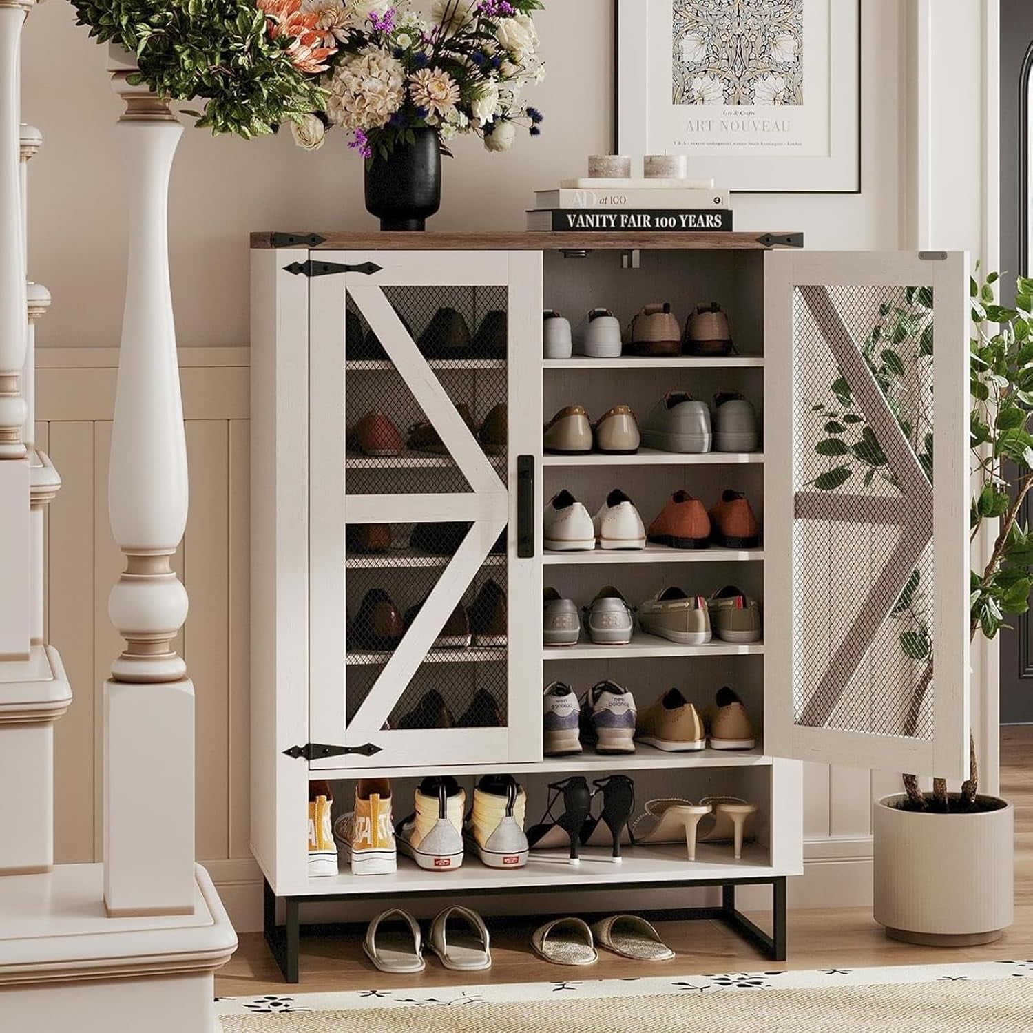 42.1" Shoe Cabinet with Ventilated Mesh Doors, 6-Tier Farmhouse Shoe ...
