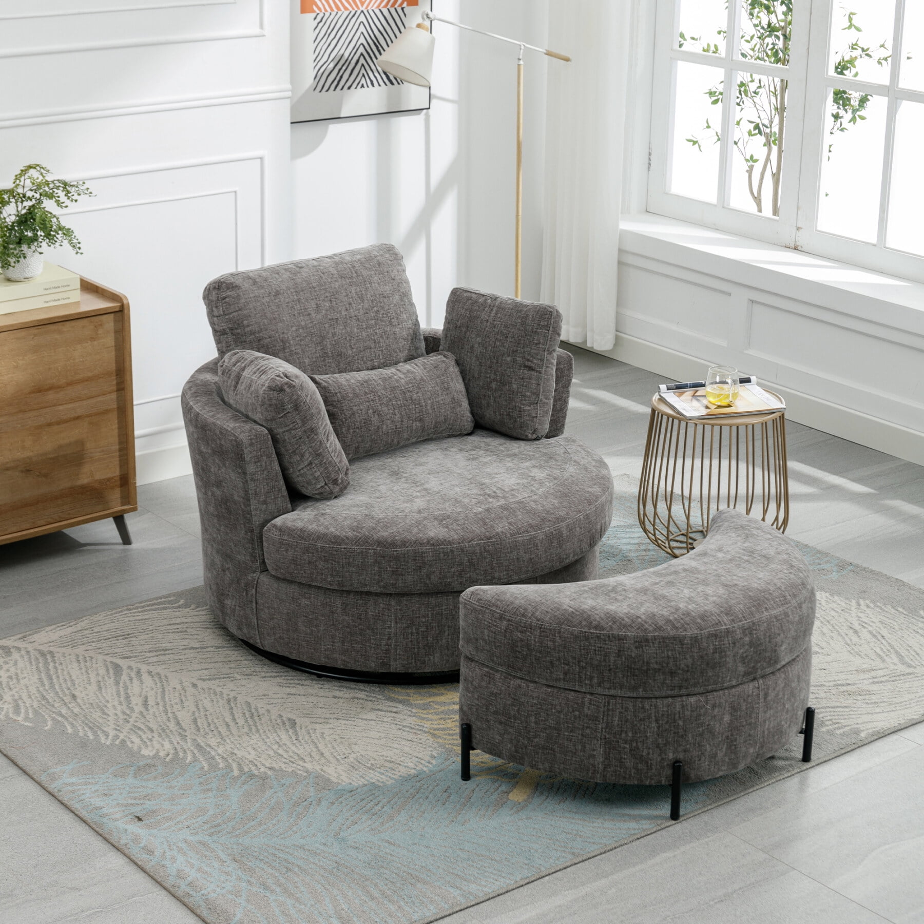42.2"W Oversized Swivel Chair with Half Moon Storage Ottoman, Chenille ...