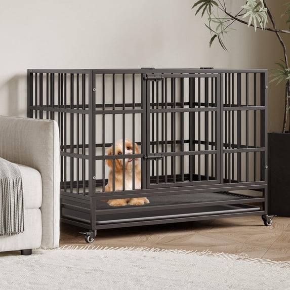 42.5 Inch Large Foldable Dog Cage, Double Door Metal Kennel with ...