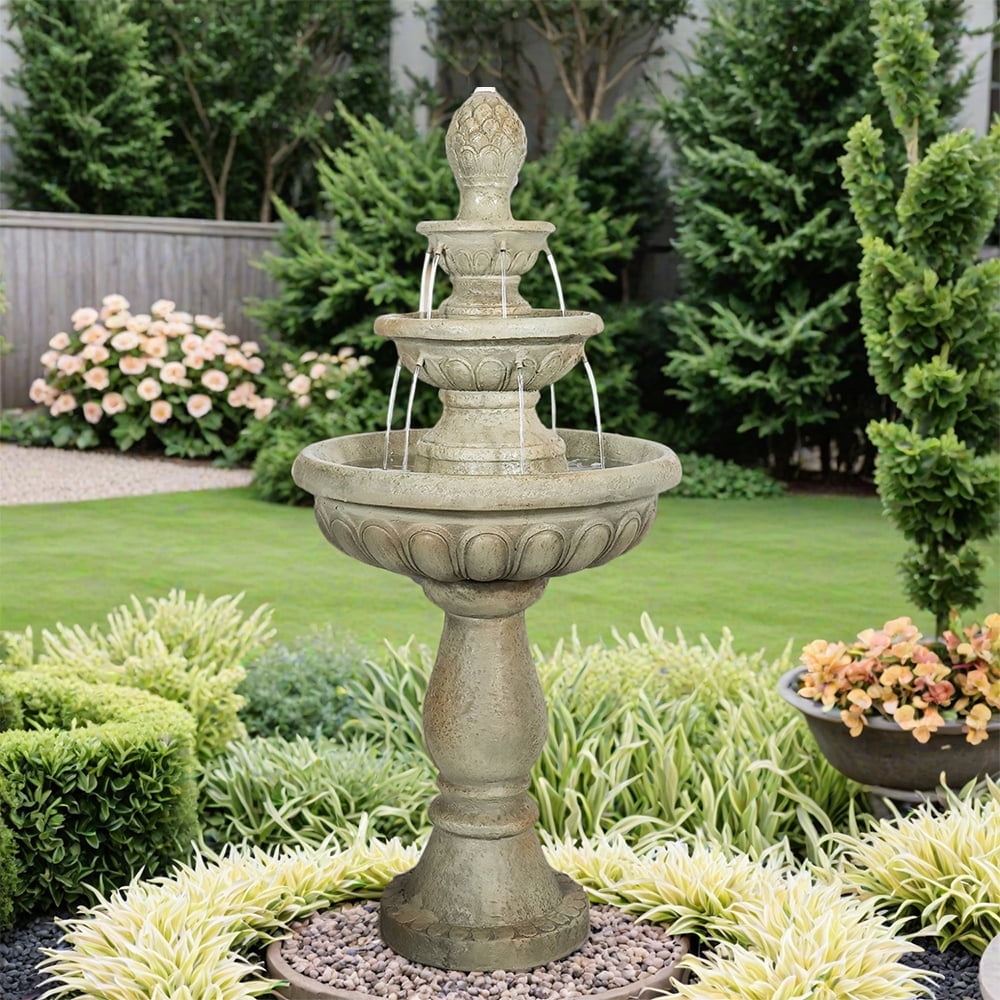 42.5” Modern Concrete Outdoor Water Fountain - 3-Tiers Round Large ...