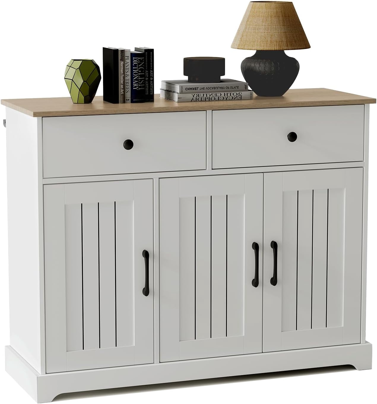 42.5" Rustic White Farmhouse Buffet Cabinet, Kitchen Coffee Bar with 3 ...