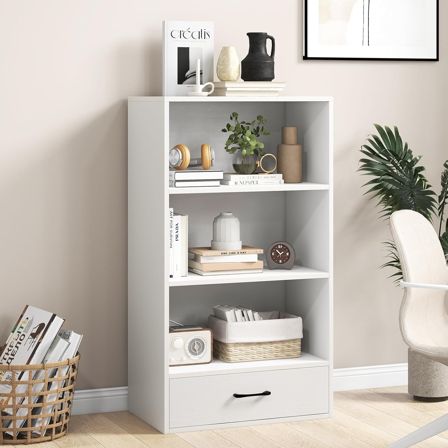42.5" Tall Shelf with Drawer, 4-Tier Freestanding Bookcase with Anti ...