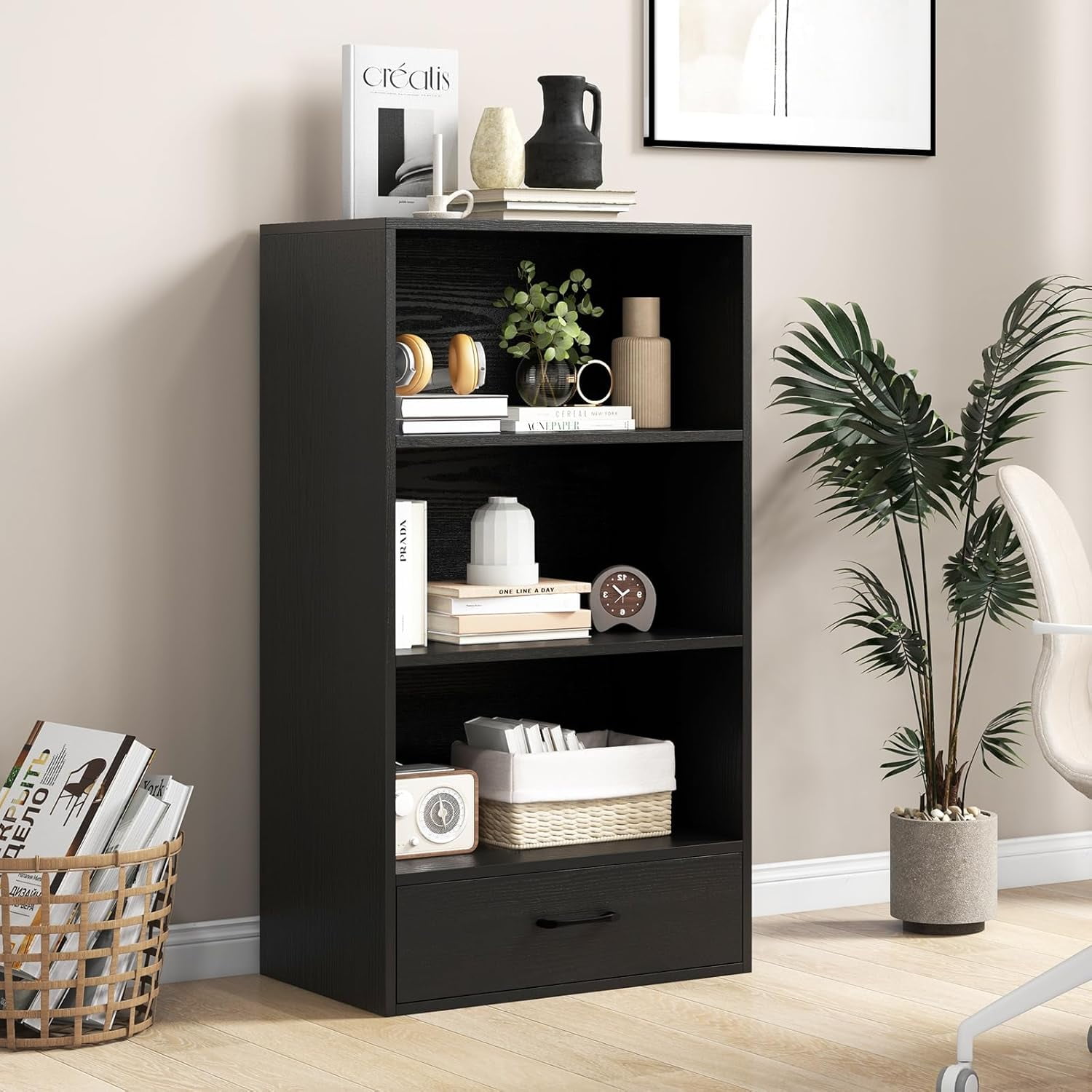 42.5" Tall Shelf with Drawer, 4-Tier Freestanding Bookcase with Anti ...