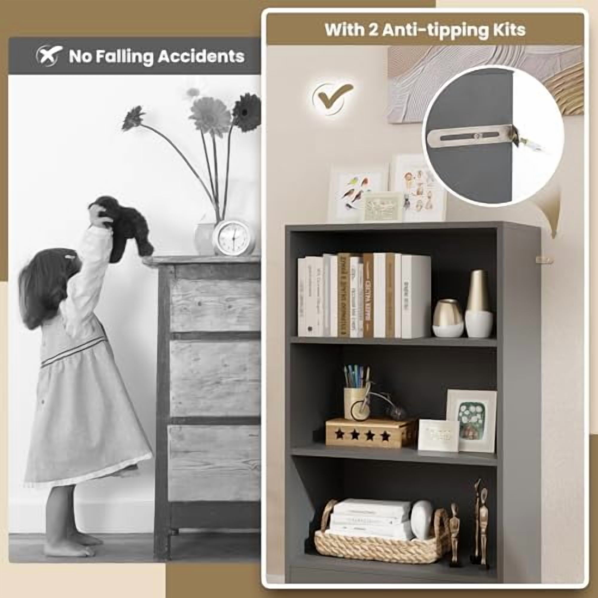 42.5" Tall Shelf with Drawer, 4-Tier Freestanding Bookcase with Anti ...