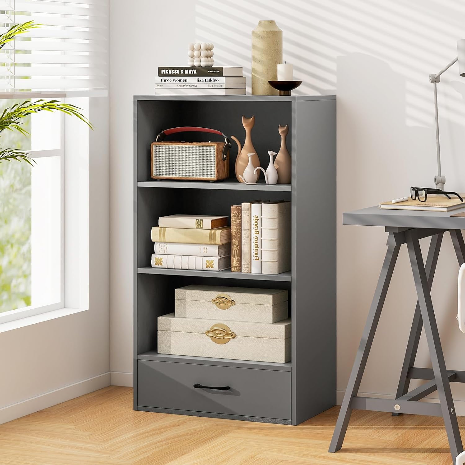 42.5" Tall Shelf with Drawer, 4-Tier Freestanding Bookcase with Anti ...