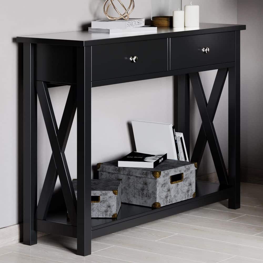42. 5-inch Black Narrow Rectangle Wood Console Table with Two Drawers ...