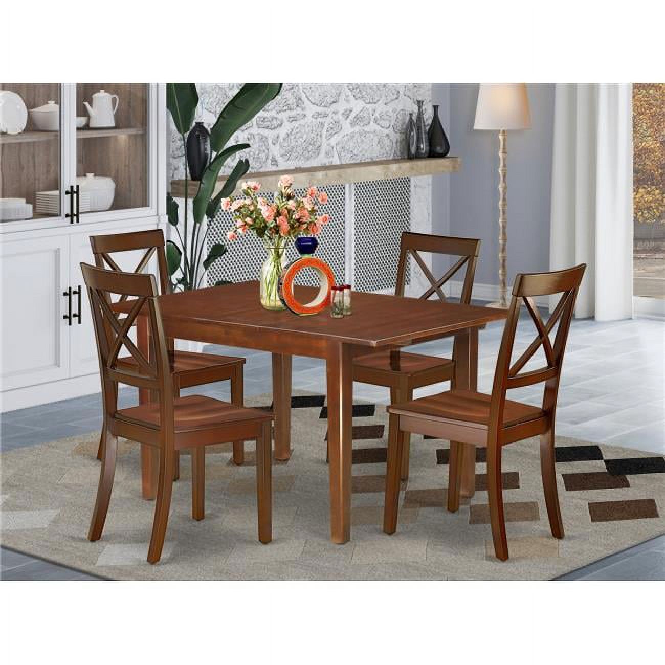 42-54 in. Milan Rectangle Table with 12 in. Butterfly Leaf & Four Wood Seat Chairs - Mahogany, 5 ...