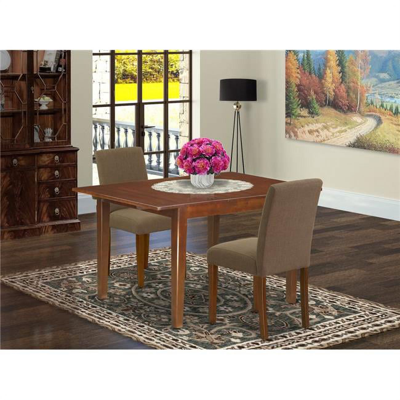 42-54 in. Milan Rectangular Table with 12 in. Leaf & Two Parson Chair with Mahogany Leg & Linen ...