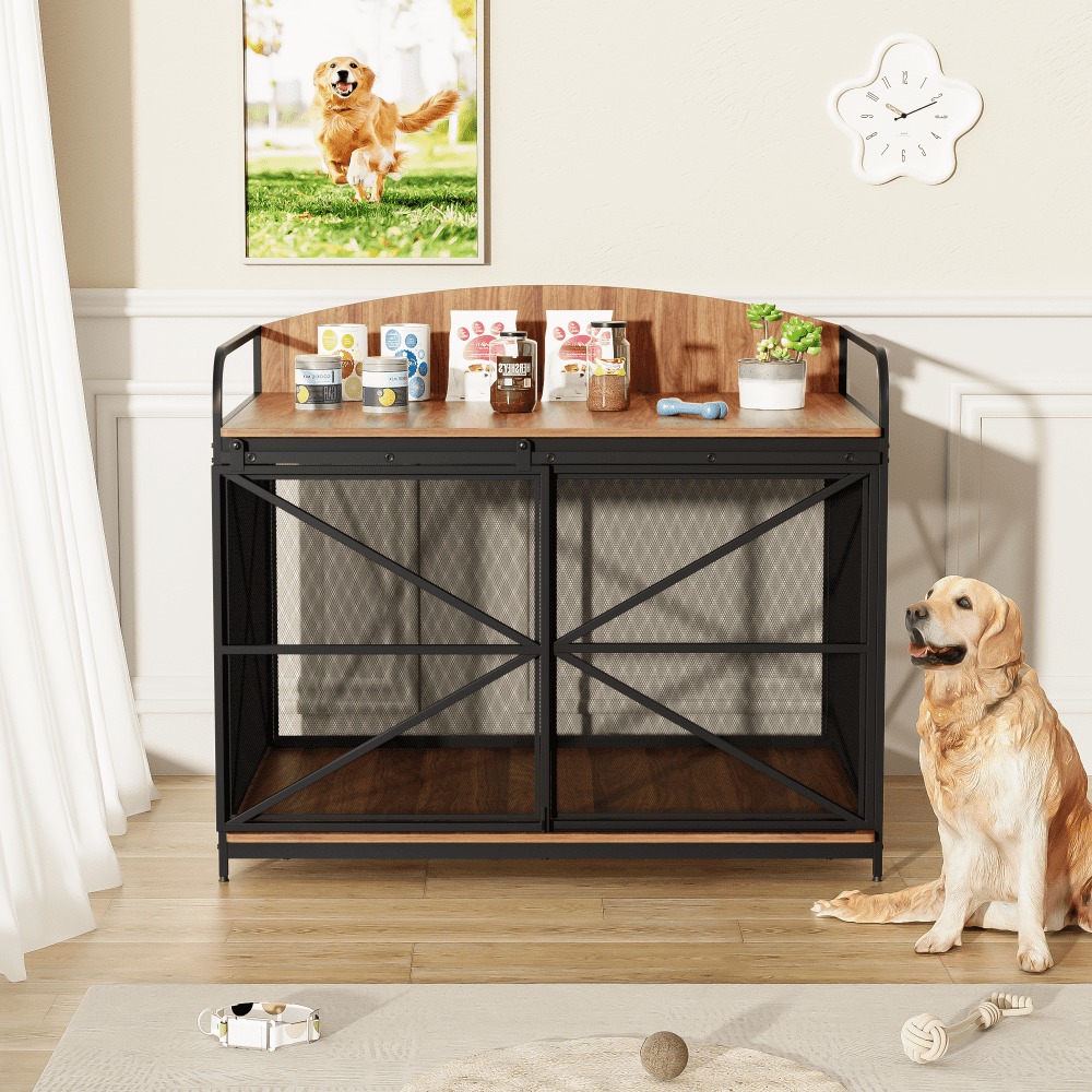 42.8" Heavy Duty Wooden Dog Crate Furniture for Large Dogs up to 80 lbs, Farmhouse Style Indoor ...
