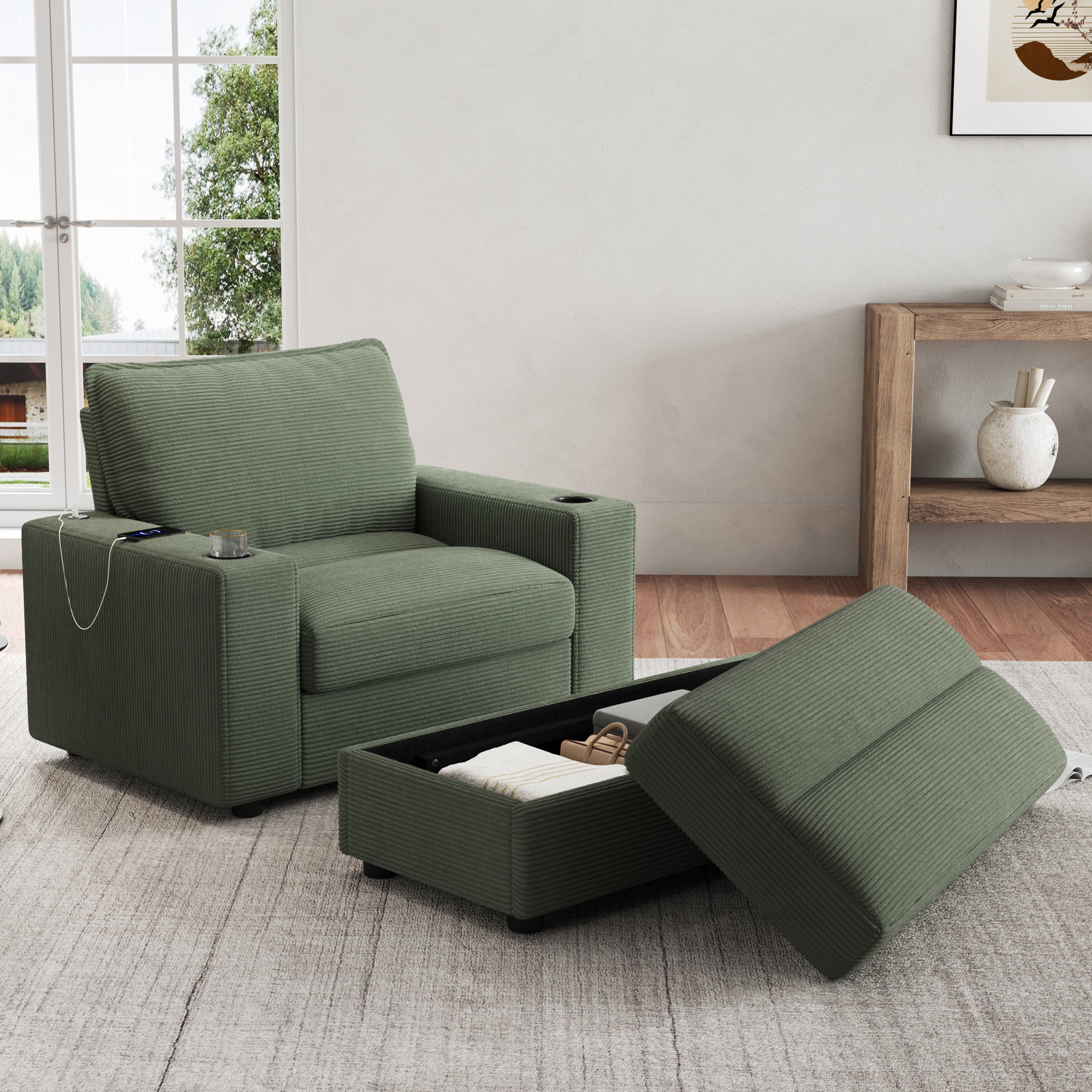 42.8" Oversized Chaise Lounge Chair with Storage Ottoman, Green ...