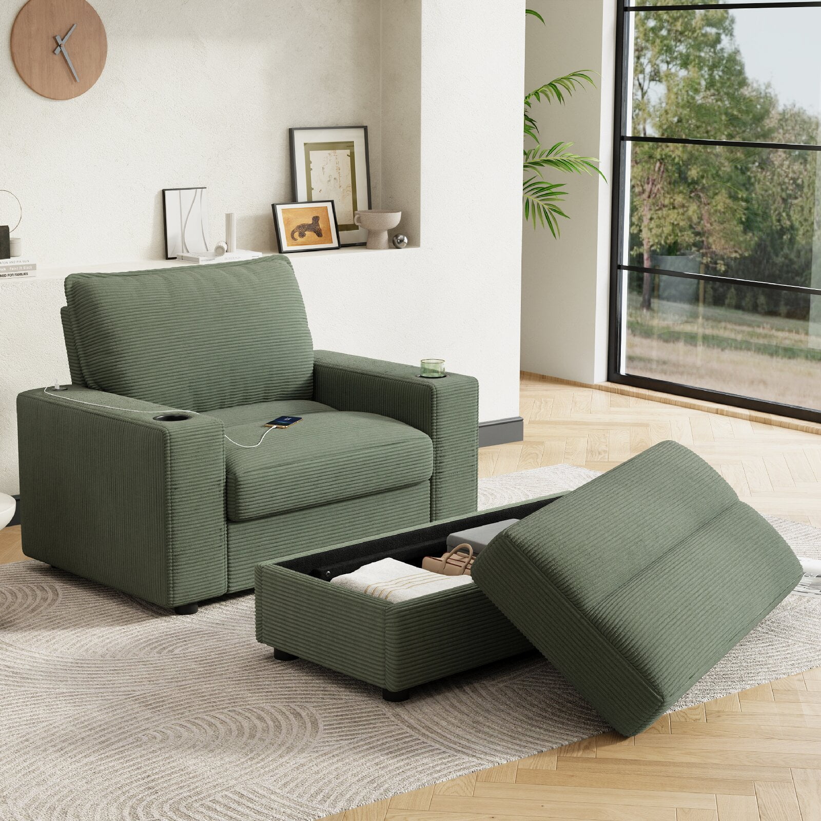42.8" Oversized Chaise Lounge Chair with USB Charging Port and Storage ...
