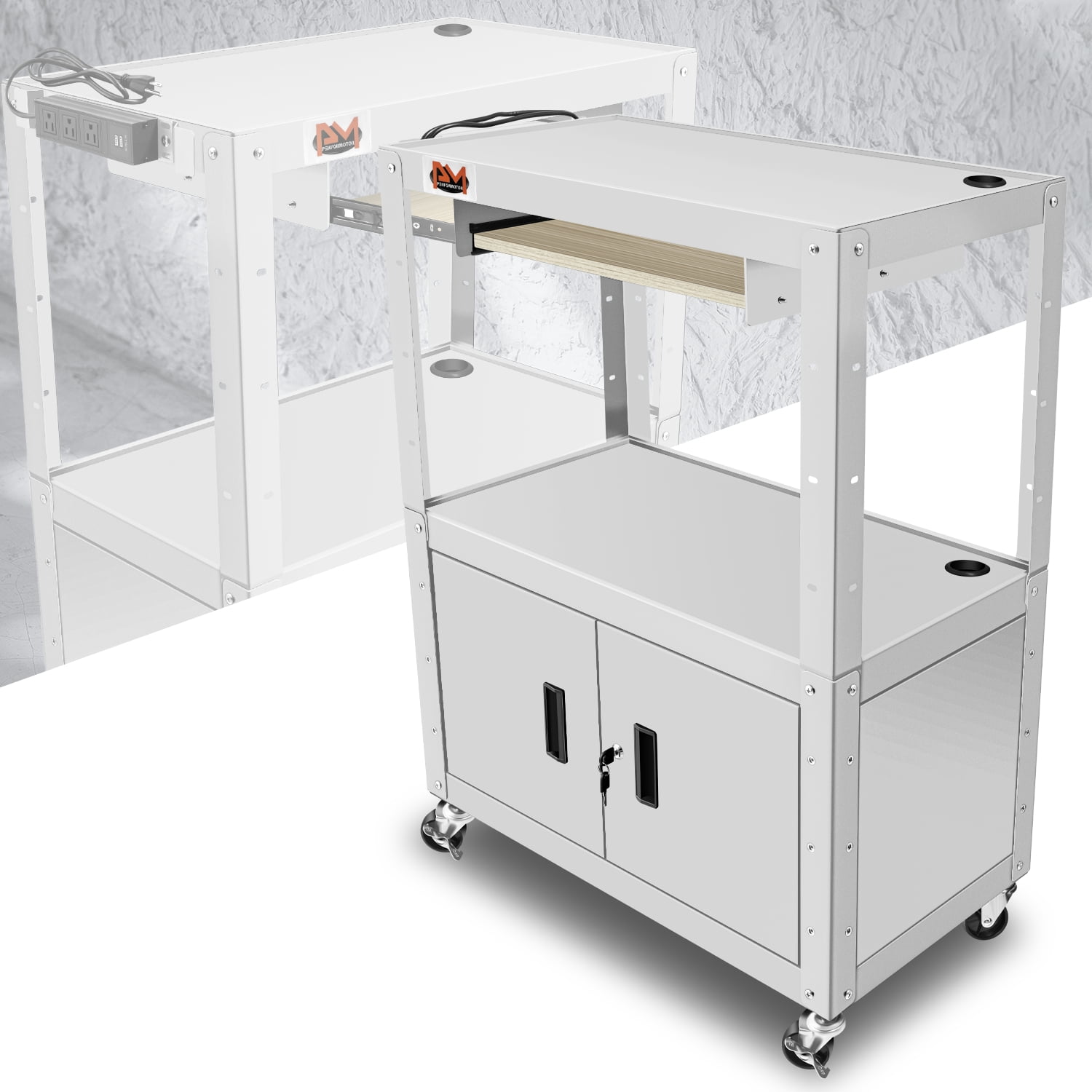 42" Adjustable Steel Media AV Cart Power Strip USB Ports Lockable ...