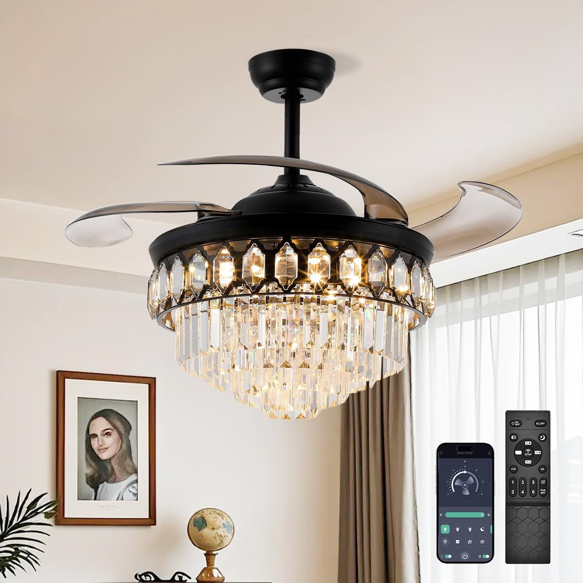 42″ Black Chandelier Ceiling Fan with Light and APP/Remote Control ...