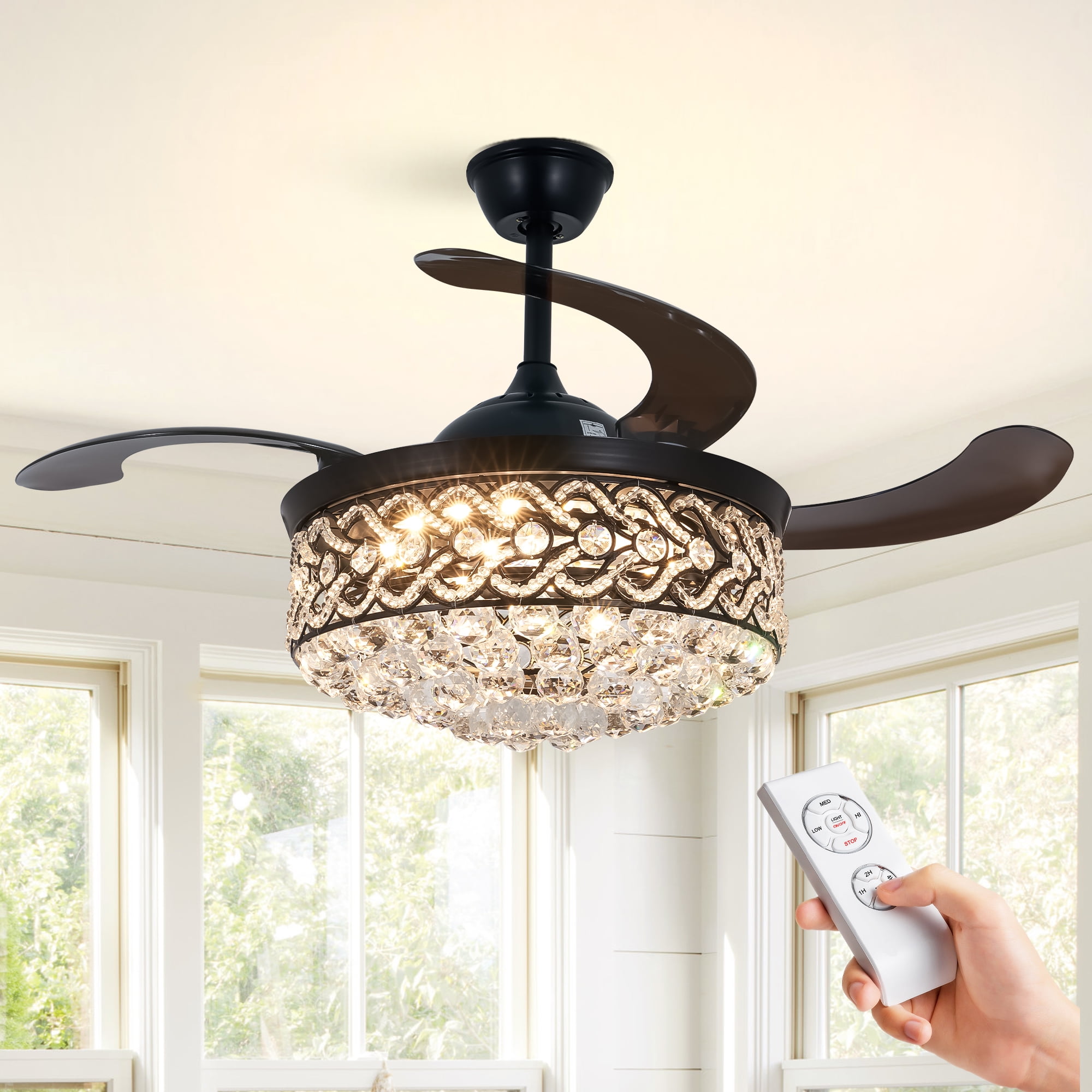 42" Black Heart Crystal Ceiling Fan - Invisible ABS Blades with 5-Layer ...