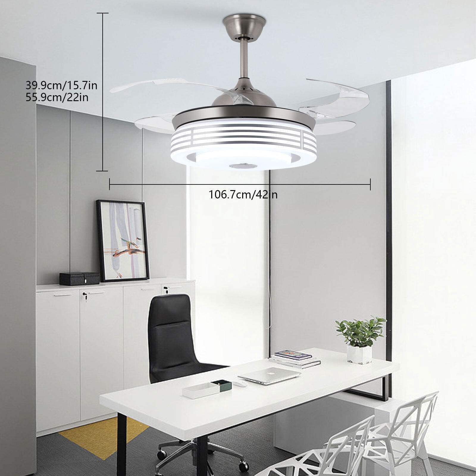 42" Bluetooth Invisible Ceiling Fan Light 7 Color Led Chandelier Lamp W ...