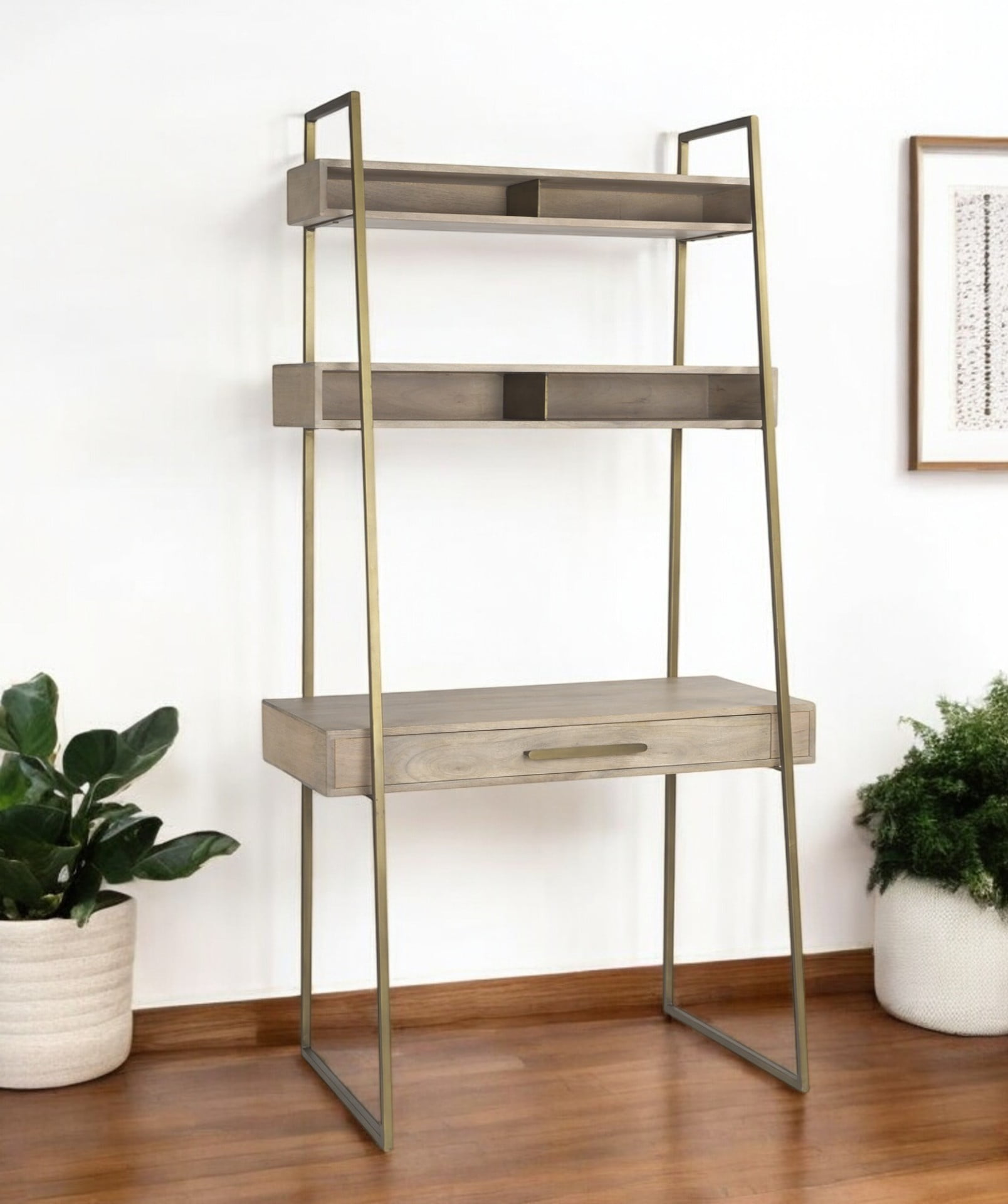 HomeRoots 605619 42 in. Brown & Gold Solid Wood & Metal Sled Ladder ...