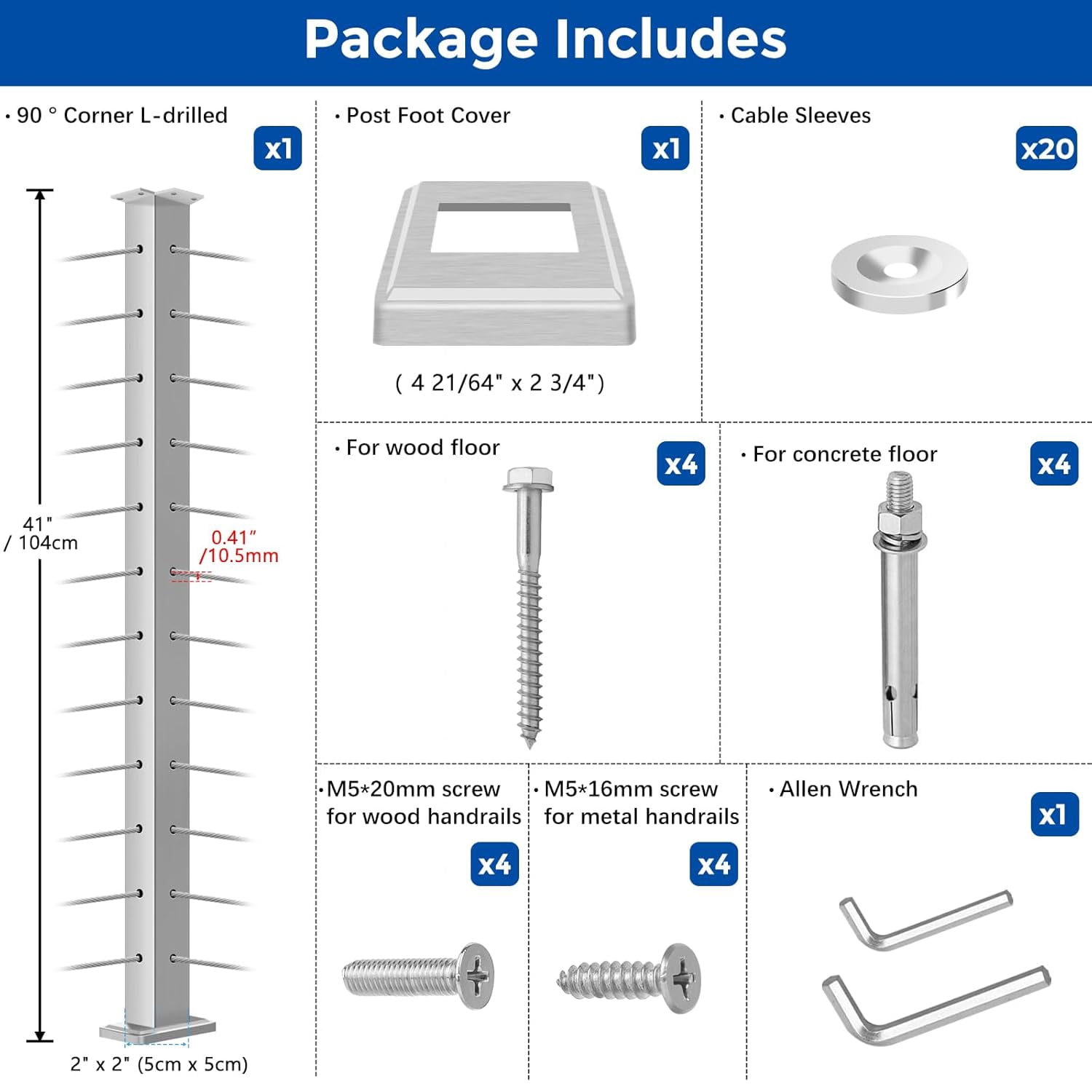 42" Brushed Corner Post for Deck Cable Railing Kit System, Stainless ...