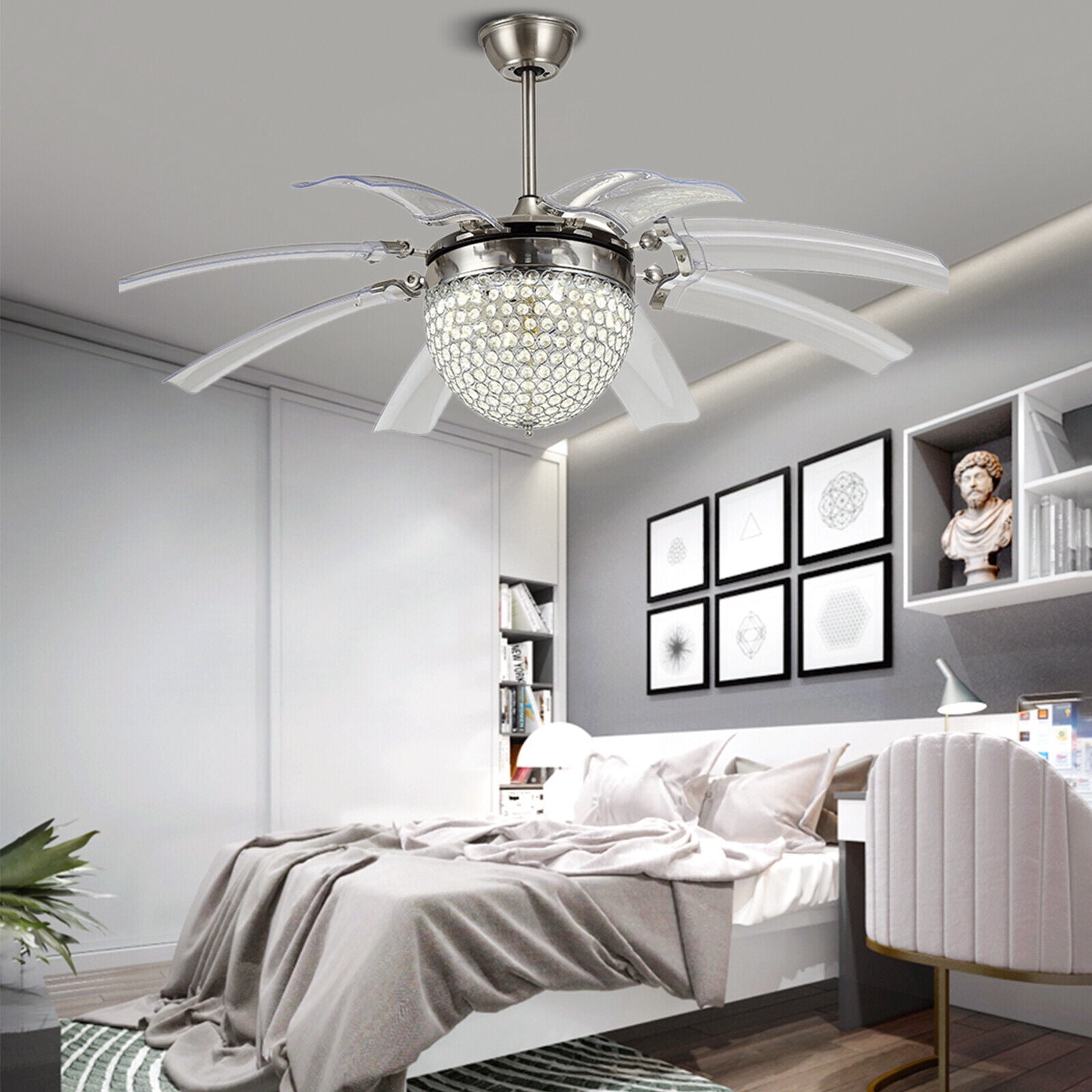 42" Ceiling Fan Light LED Crystal Chandelier Retractable Dimmable Lamp ...