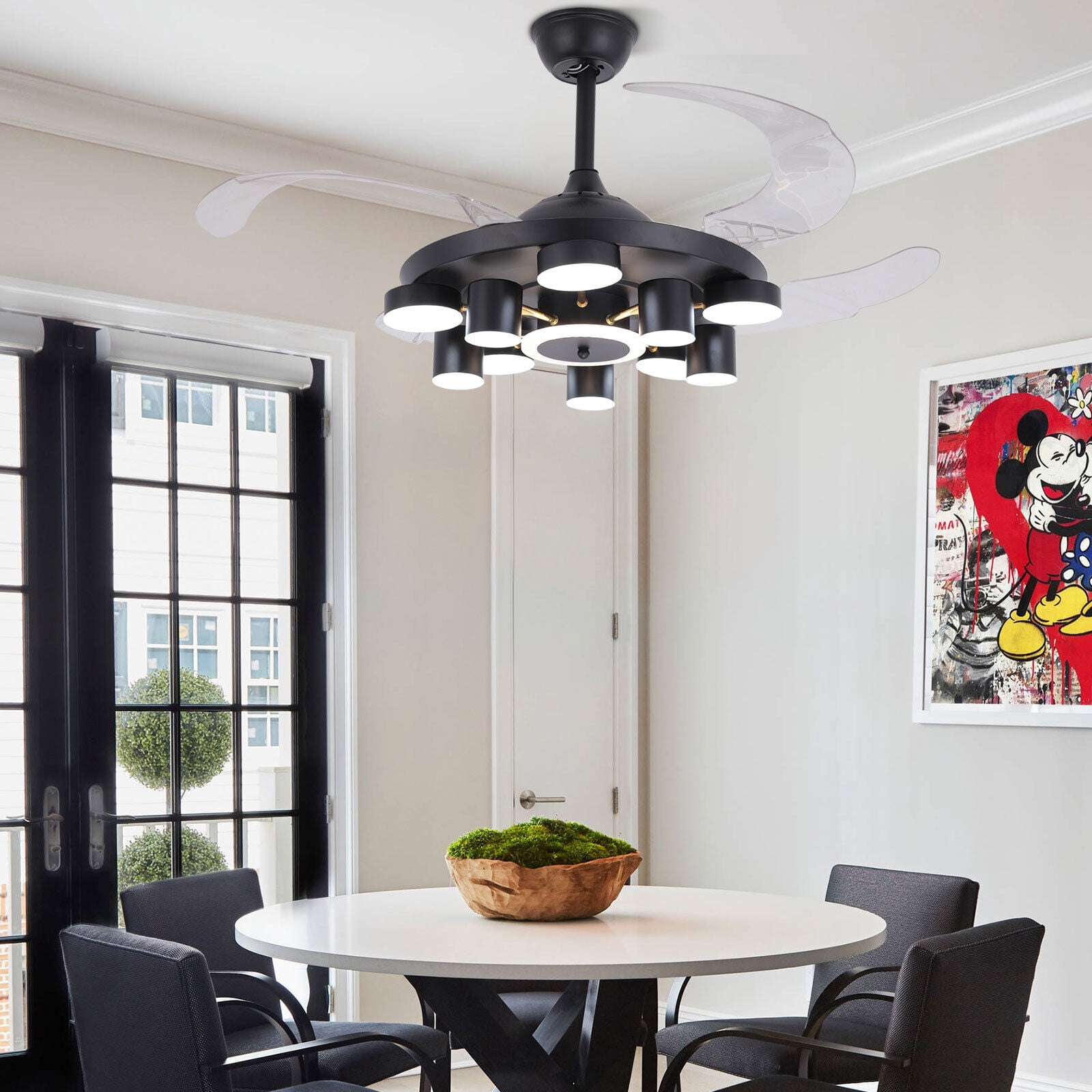 42'' Ceiling Fan w/ LED Light Black Chandelier 4 Retractable Blade Lamp ...