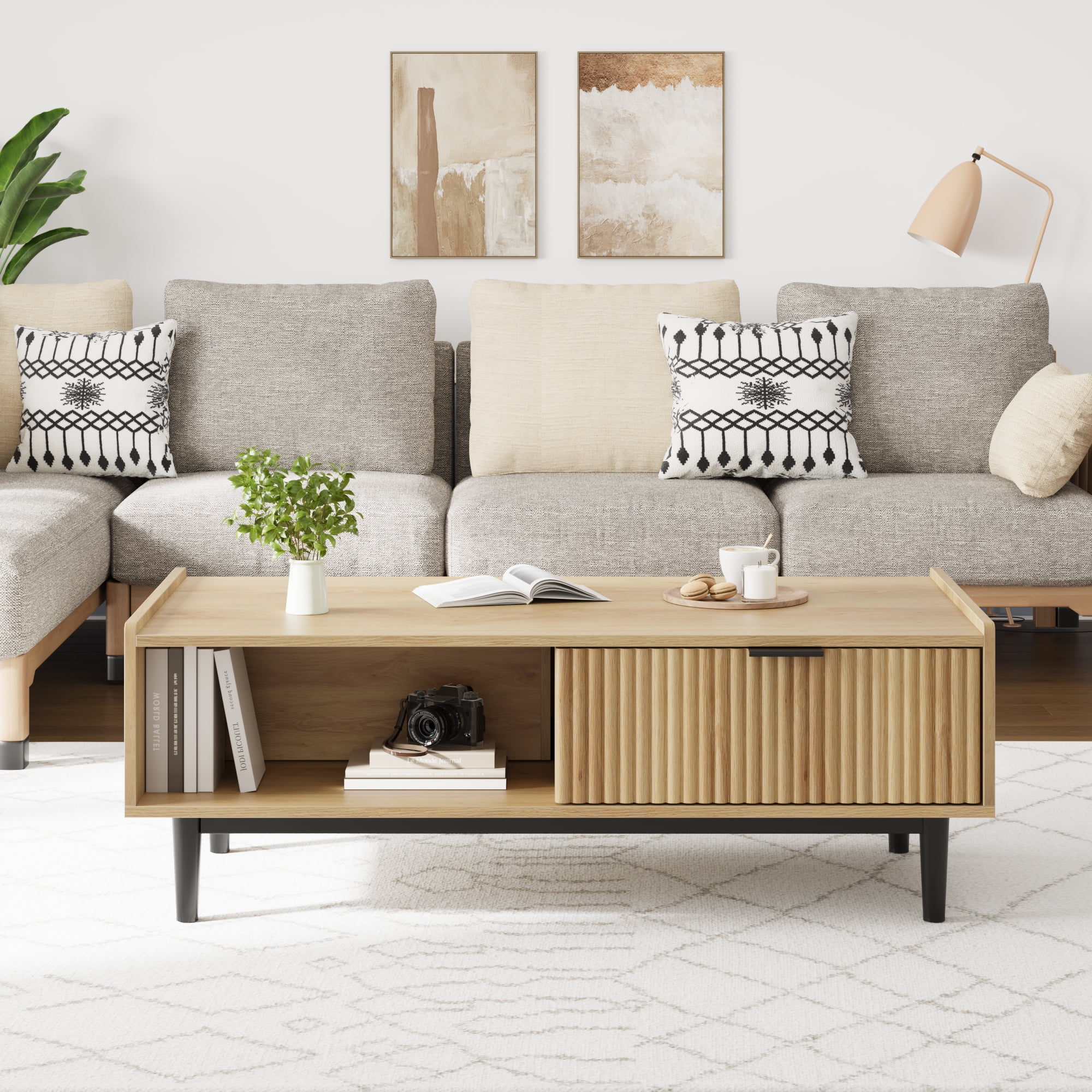 42" Coffee Table,Fluted Coffee Table with Drawers and Storage, Modern ...