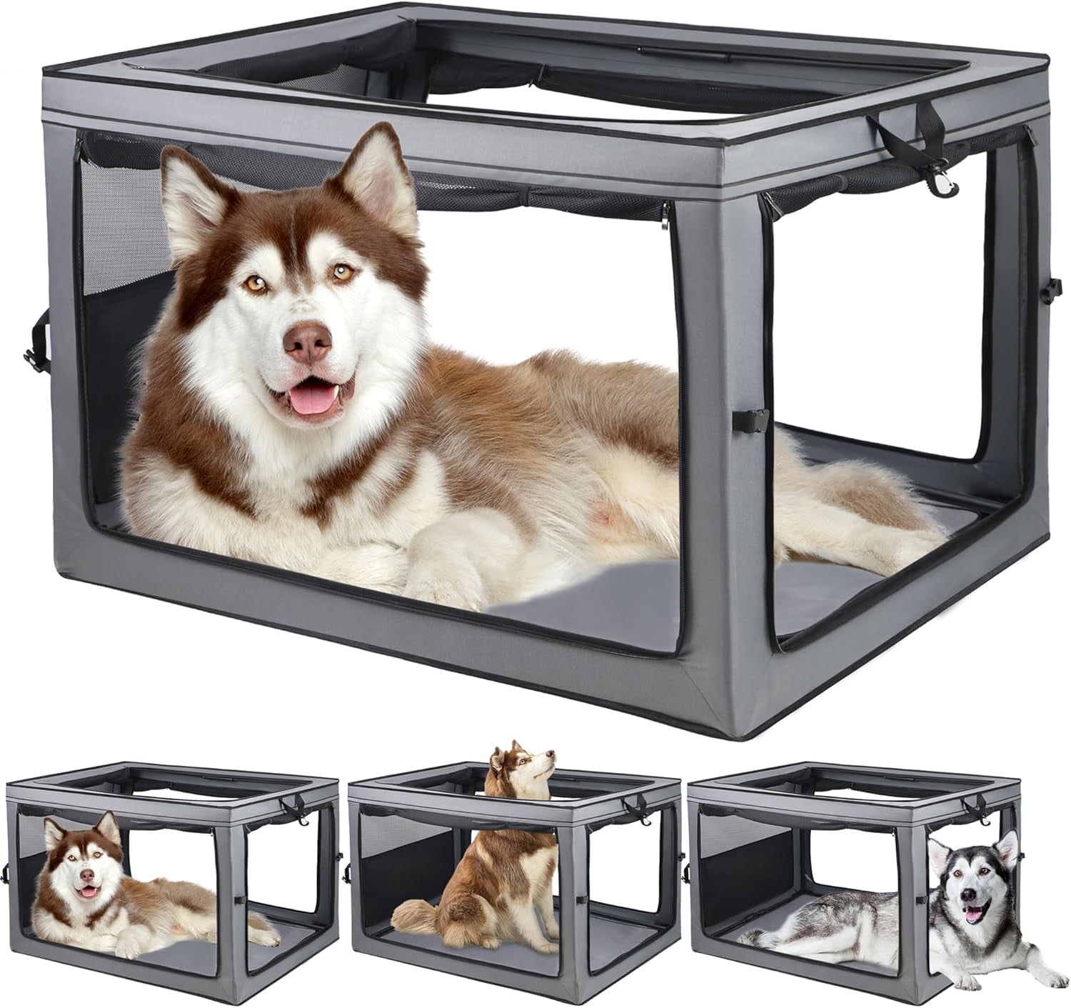 42 in Collapsible Foldable Dog Crate, 2-Window 3-Door Collapsible Soft ...