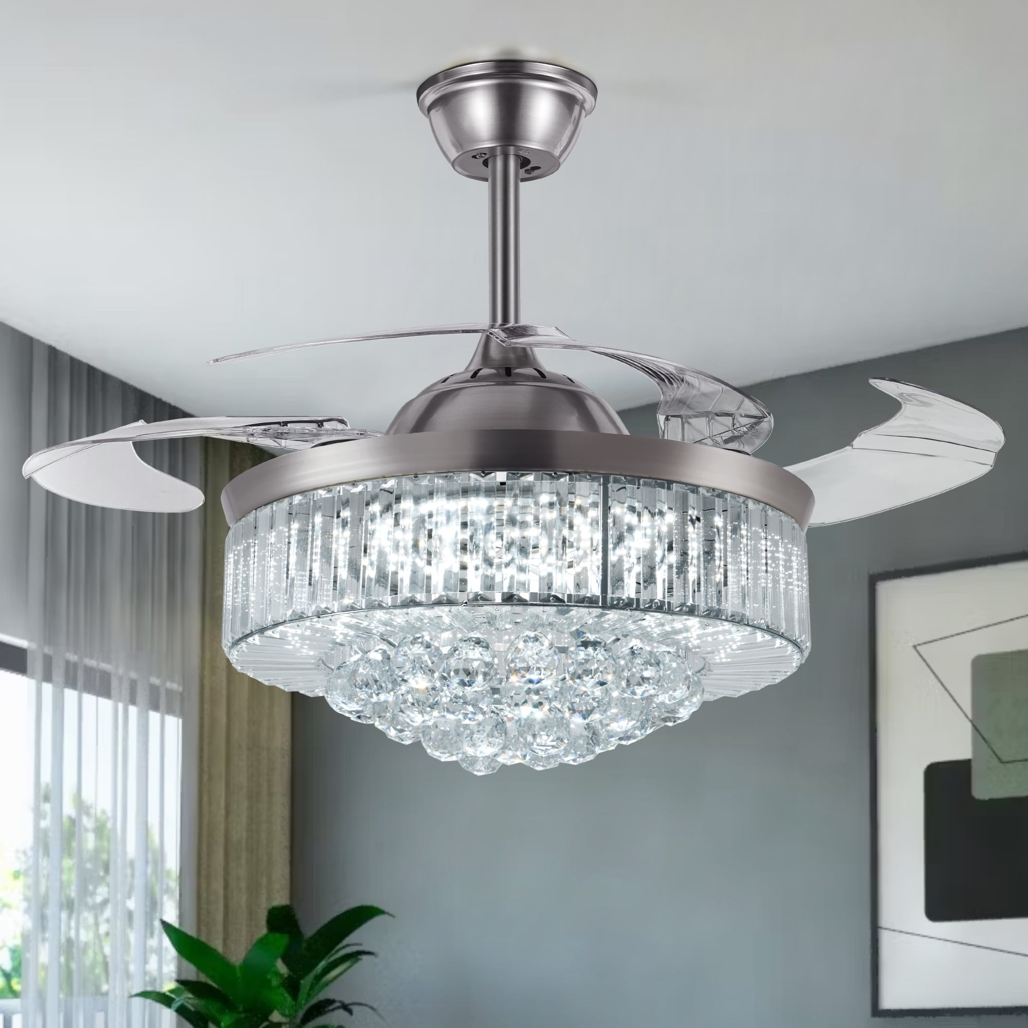42" Crystal Ceiling Fan with Lights, Retractable Invisible Fandelier ...
