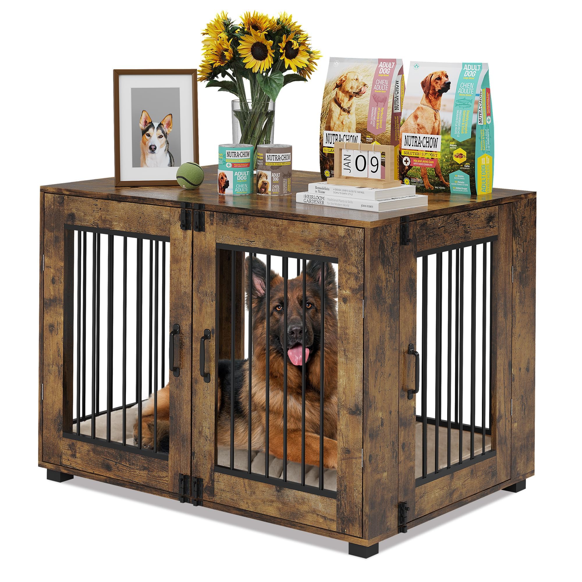 42" Dog Crate Furniture with Cushion,Wooden Kennel Table with Double ...