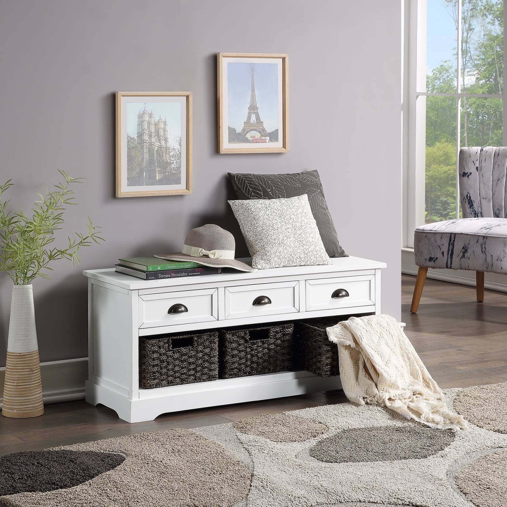 42" Entryway Storage Bench, Wood Storage Bench with 3 Drawers and 3 ...