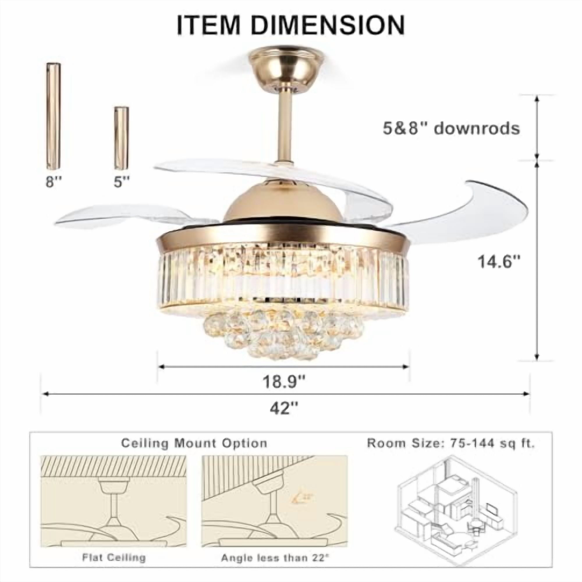 42'' Fandelier Ceiling Fans with Light, Gold Retractable Crystal ...
