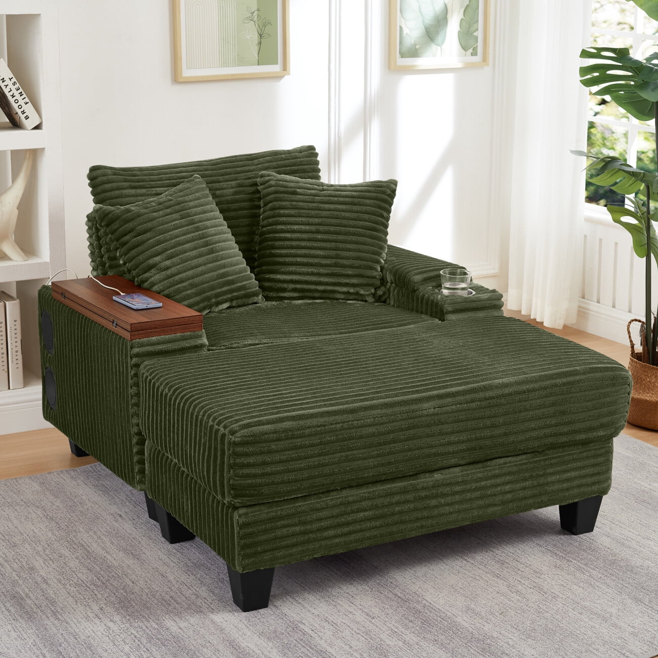 42" Fluffy Corduroy Armrest Sofa with USB Ports and 180°Rotating Table ...