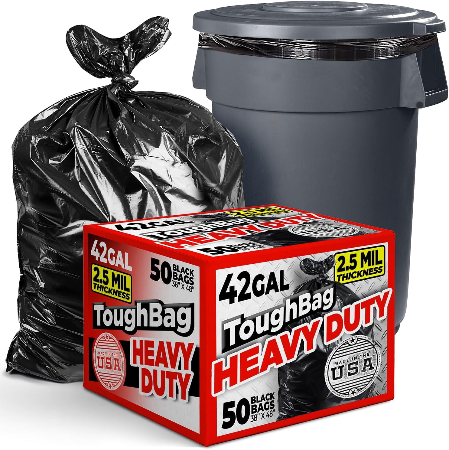 42 Gallon Trash Bags, 2.5 Mil Contractor Garbage Bags (50 COUNT) Heavy ...