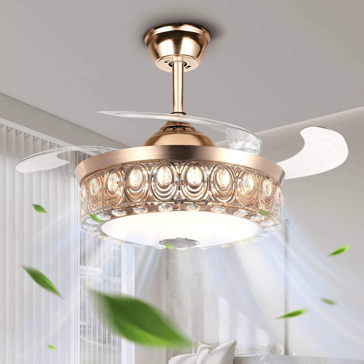 42" Golden Retractable Smart Ceiling Fan with Color-Changing LED Lights ...