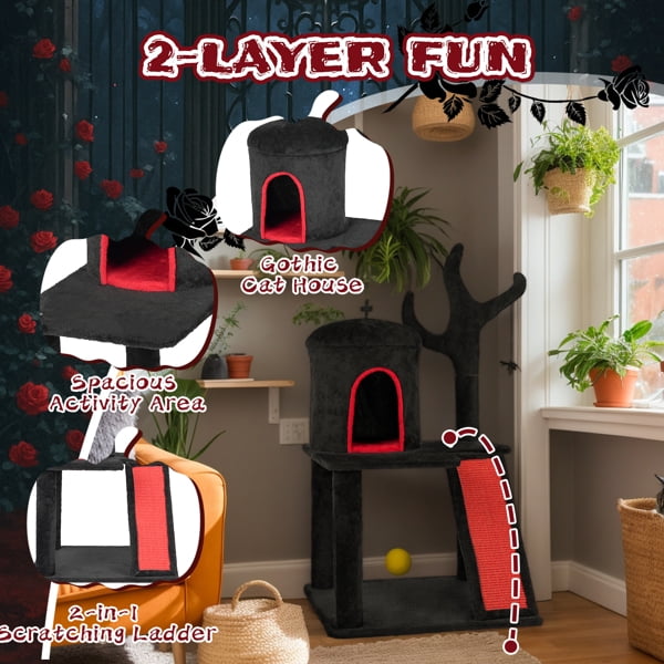 42" Gothic Cat Tree with Condo & Spider Toy - Halloween Cat Tower with ...