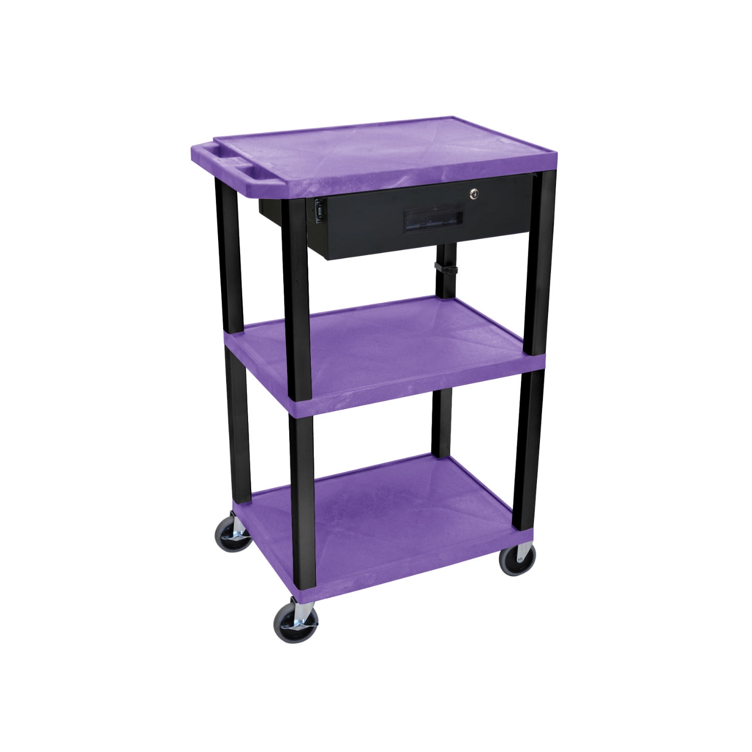 Luxor 42"H 3-Shelf Utility Cart - Electric, Drawer, Purple Shelves ...
