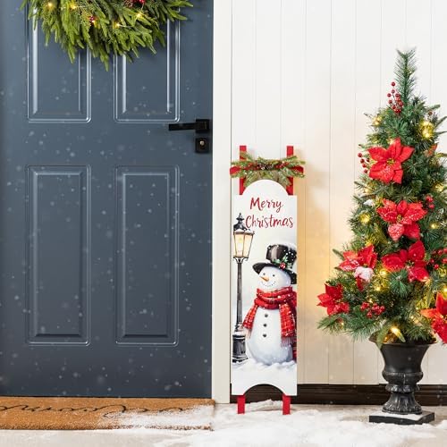 42''H Wooden Christmas Snowman Sleigh Porch Sign, Merry Christmas Hang ...