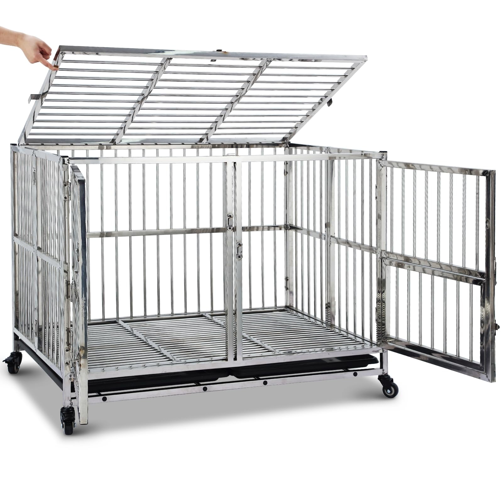 42" Heavy Duty Stainless Steel Dog Crate Cage with Wheels&Locks Design ...