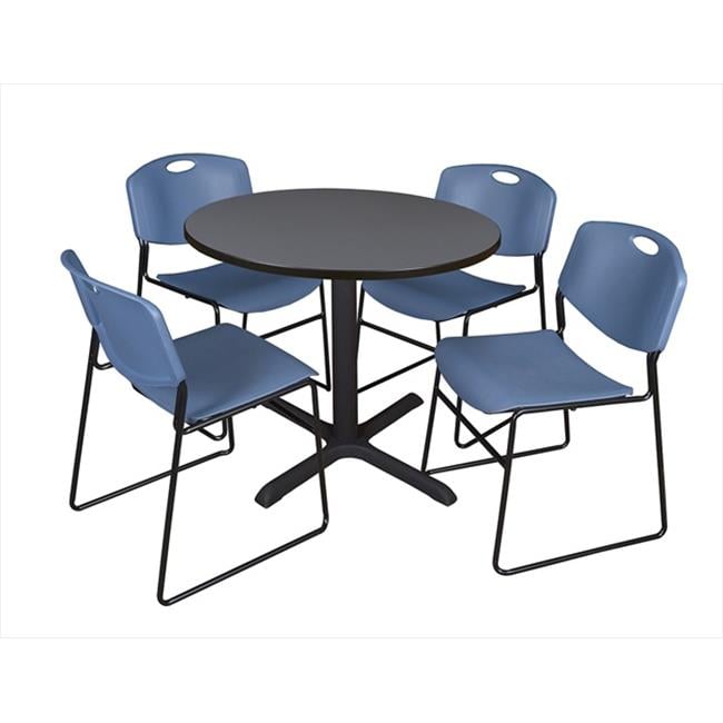 42 In. Round Laminate Table- Grey & Cain Base With 4 Blue Zeng Stack ...