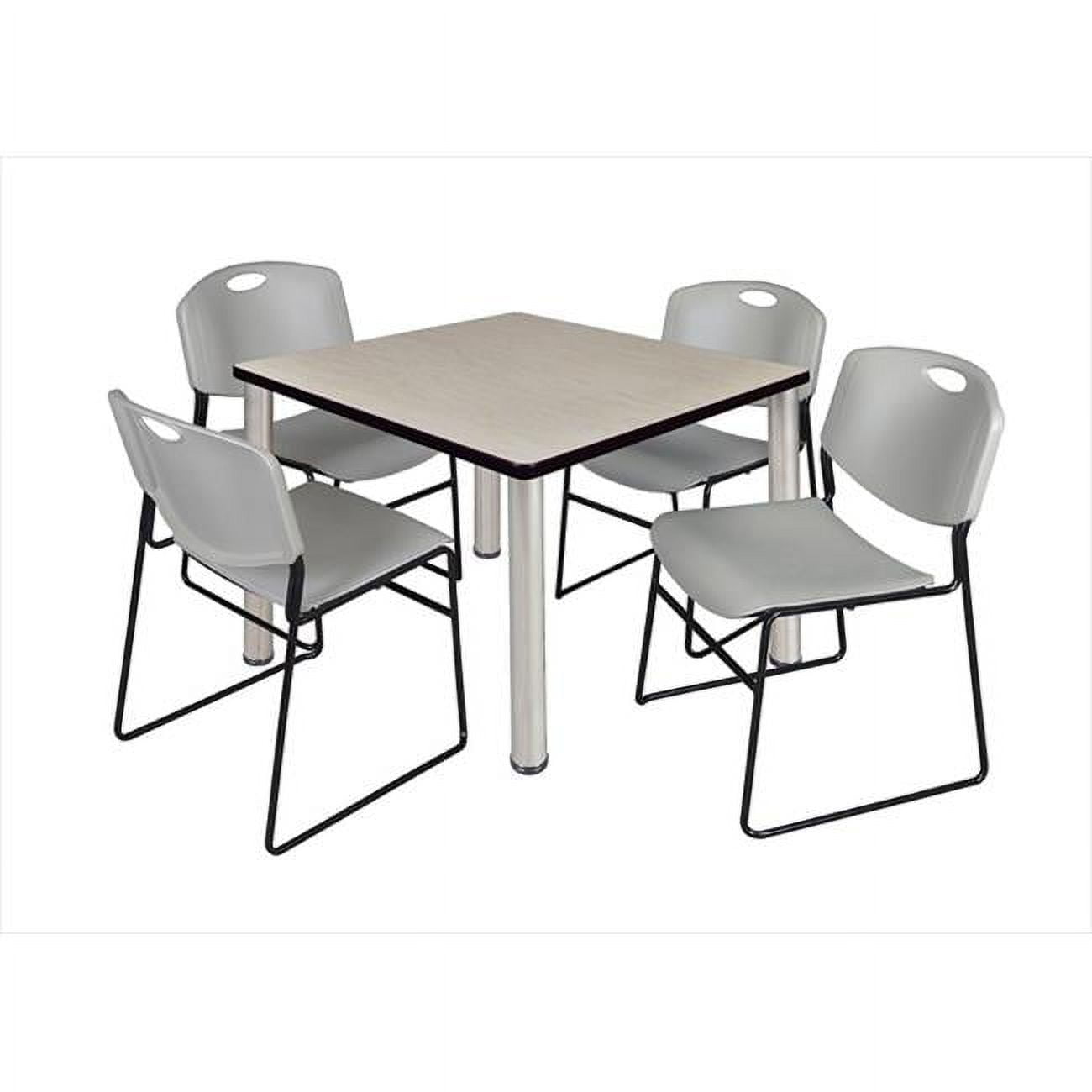 42 In. Square Maple Table & Chrome Post Legs With 4 Grey Zeng Stack ...
