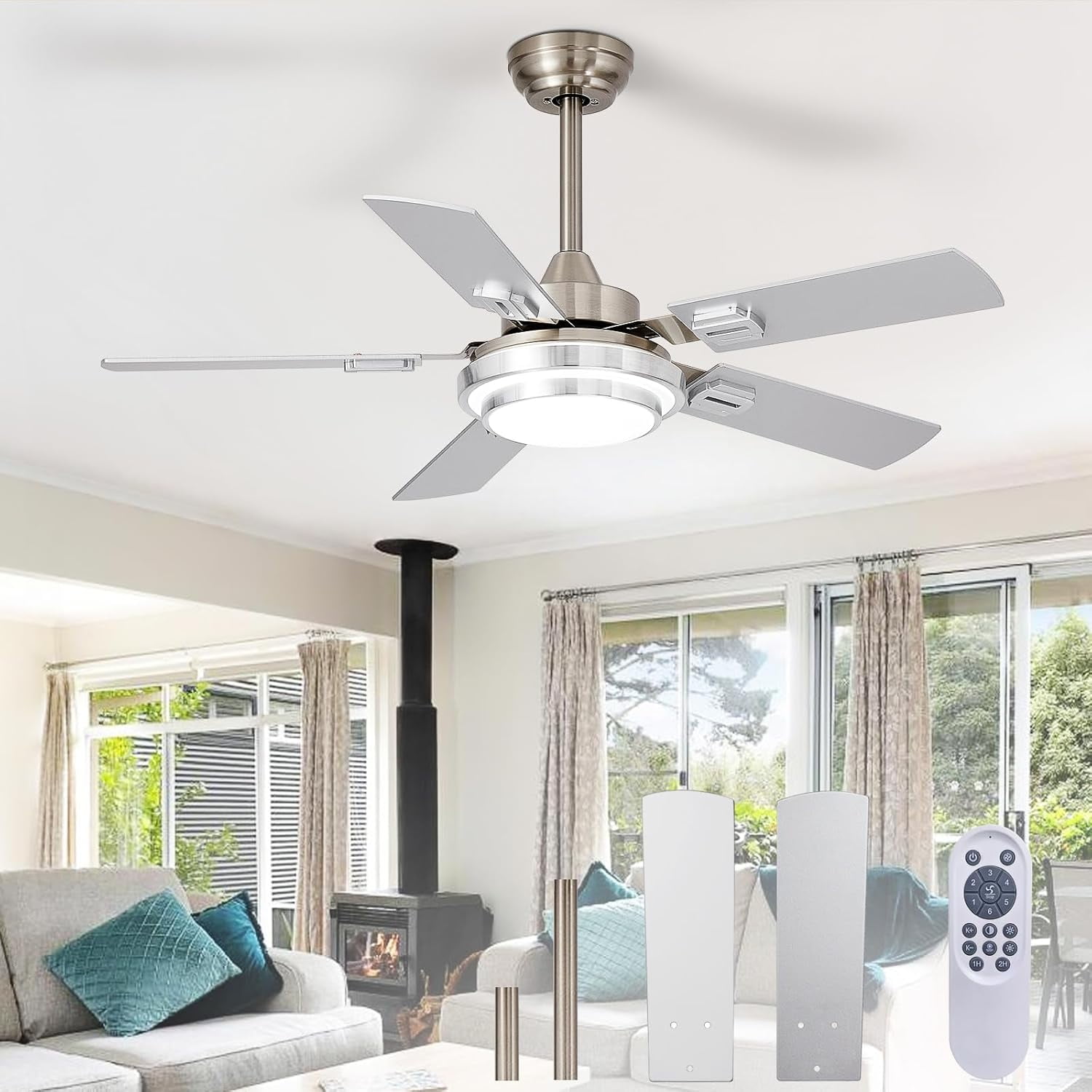 42-Inch Ceiling Fan with Light: Brushed Nickel Ceiling Fans with 5 ...