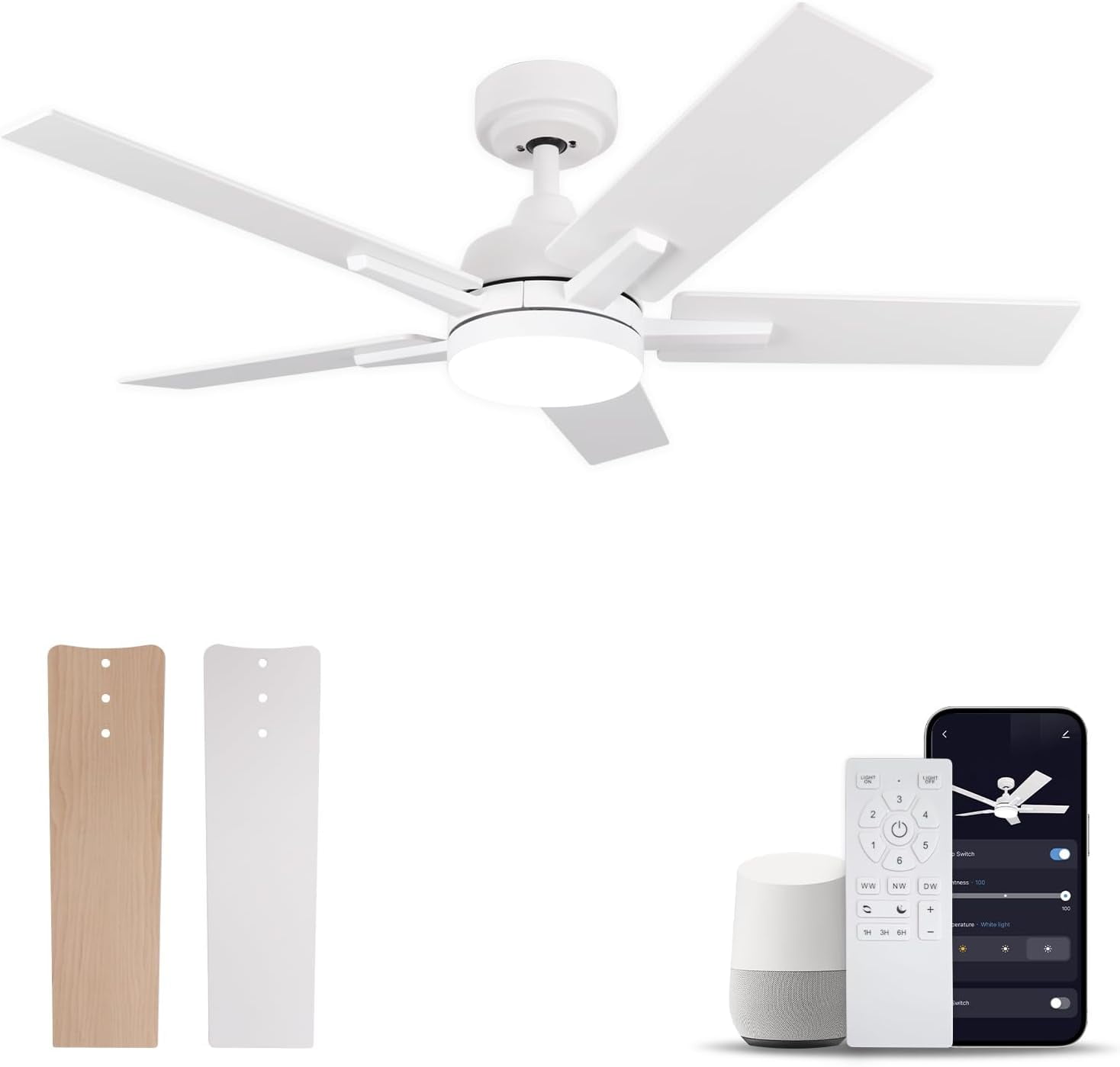 42 Inch Ceiling Fan, Smart Ceiling Fan with Remote/APP, White Ceiling ...
