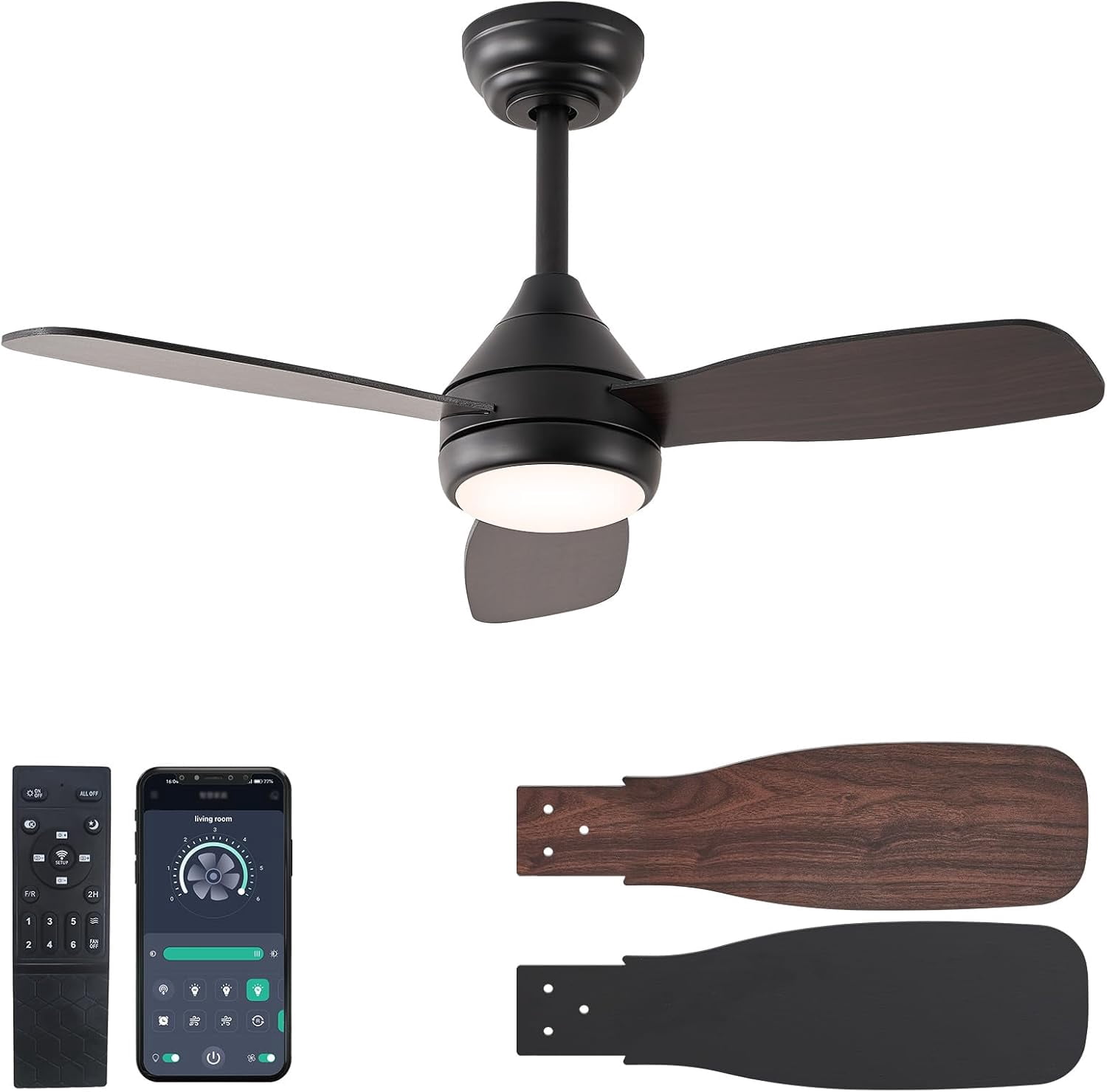42 Inch Ceiling Fans with Lights, Black Dimmable LED Fandelier Ceiling ...