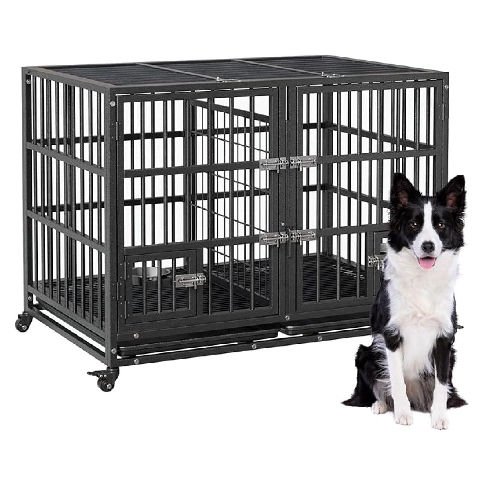 42 Inch Dog Crate Double Door Cage with Wheels/Dividers, Large Indoor ...
