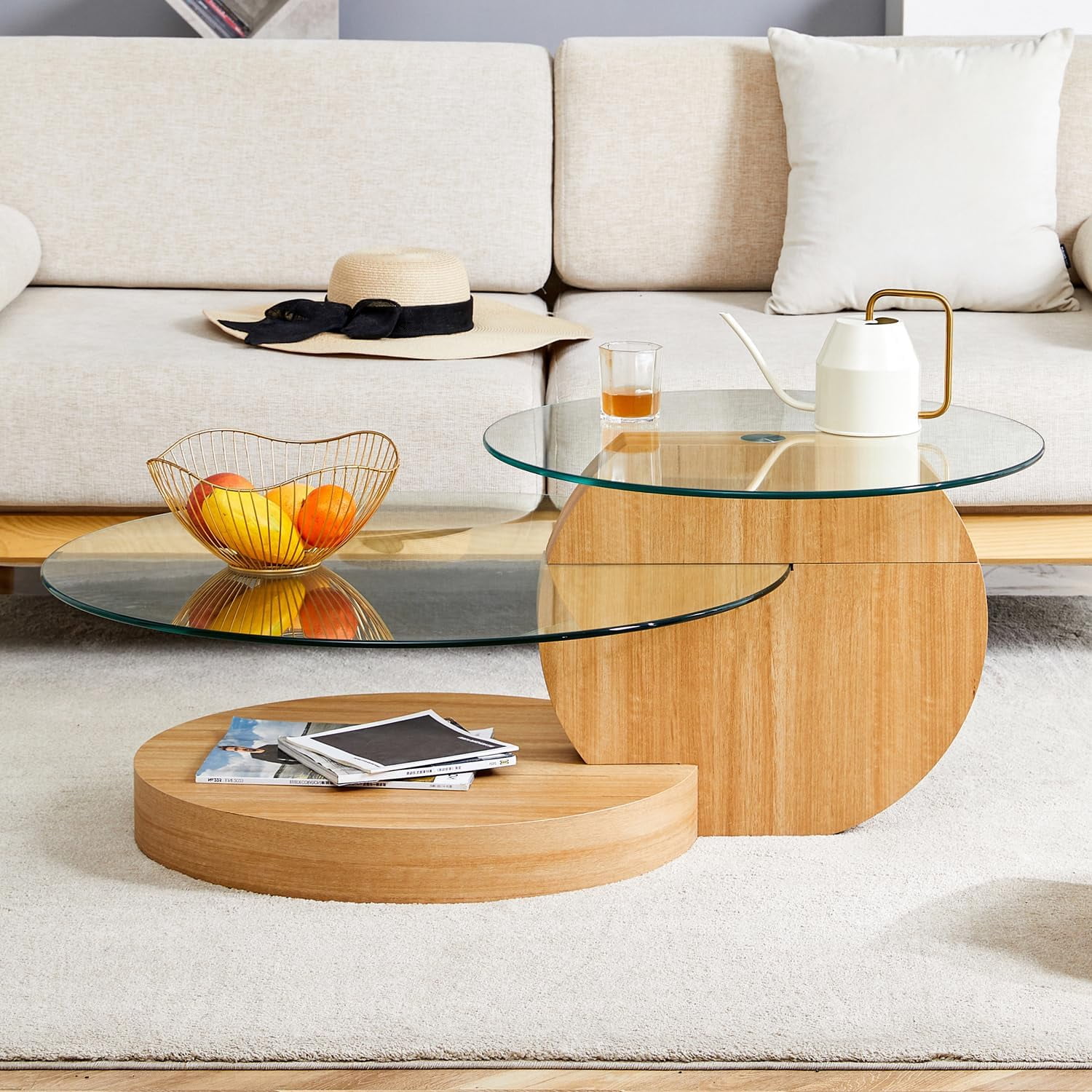42 Inch Glass Wood Coffee Table, Modern Round Tempered Glass Coffee ...