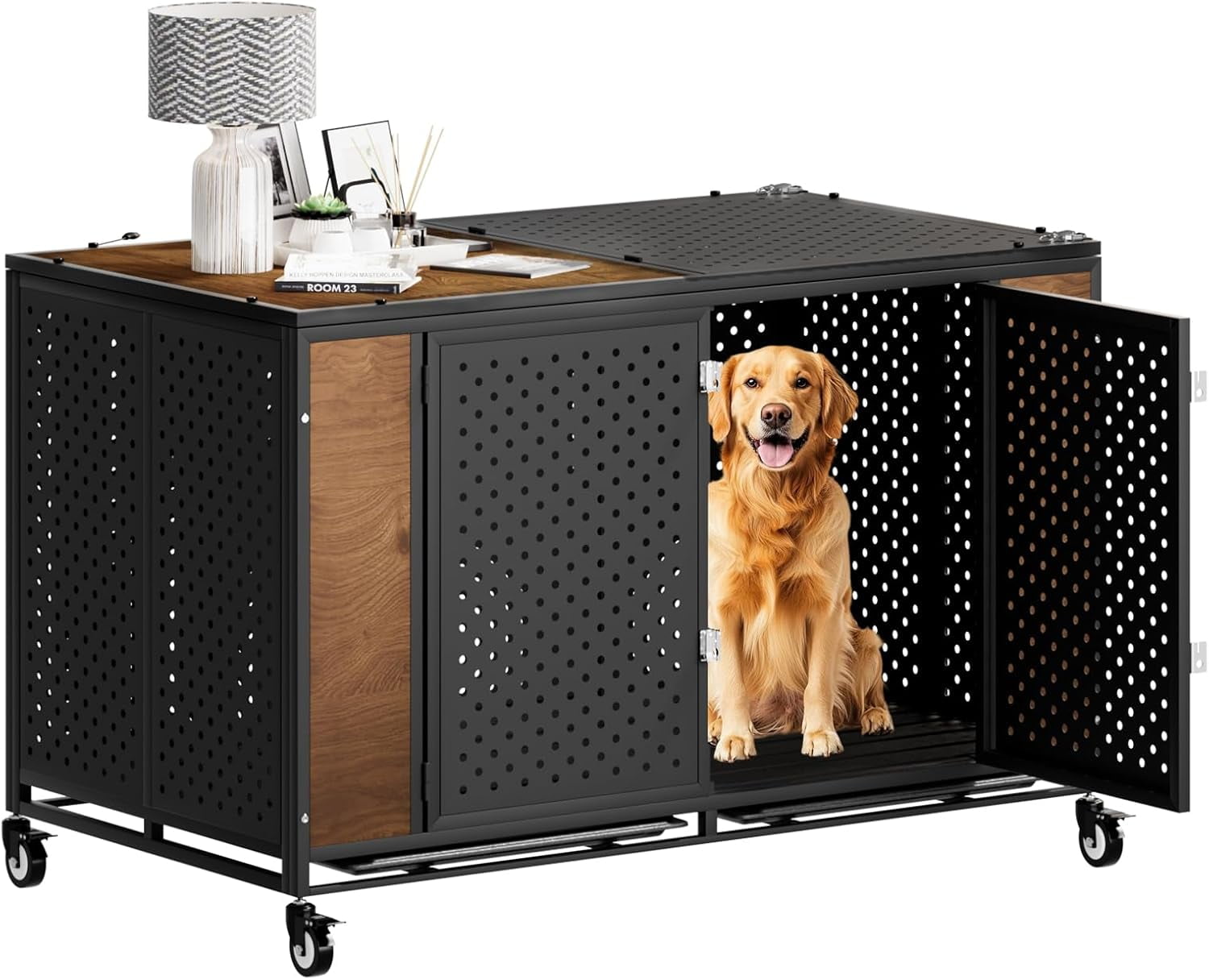 42 Inch Heavy Duty Dog Crate Furniture with Wheels,Indestructible Metal ...