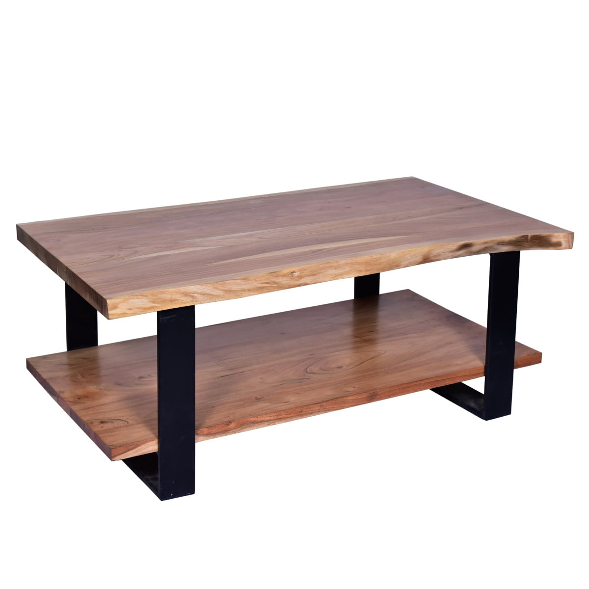 42 Inch Industrial 2 Tier Live Wood Edge Coffee Table, Rectangular ...