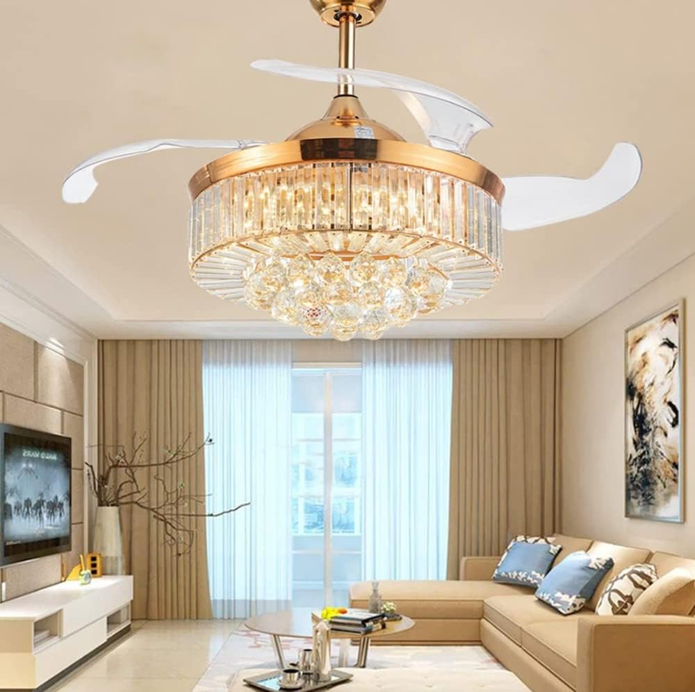 42 Inch Luxury Crystal Retractable Ceiling Fan with Light Remote ...